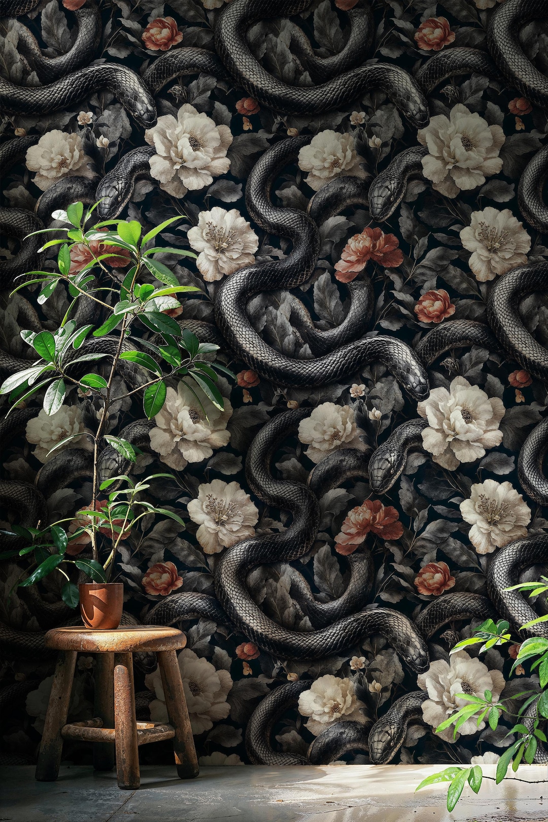 Dark Botanical Peel and Stick Wallpaper, Dark Academia Wallpaper Snakes ...