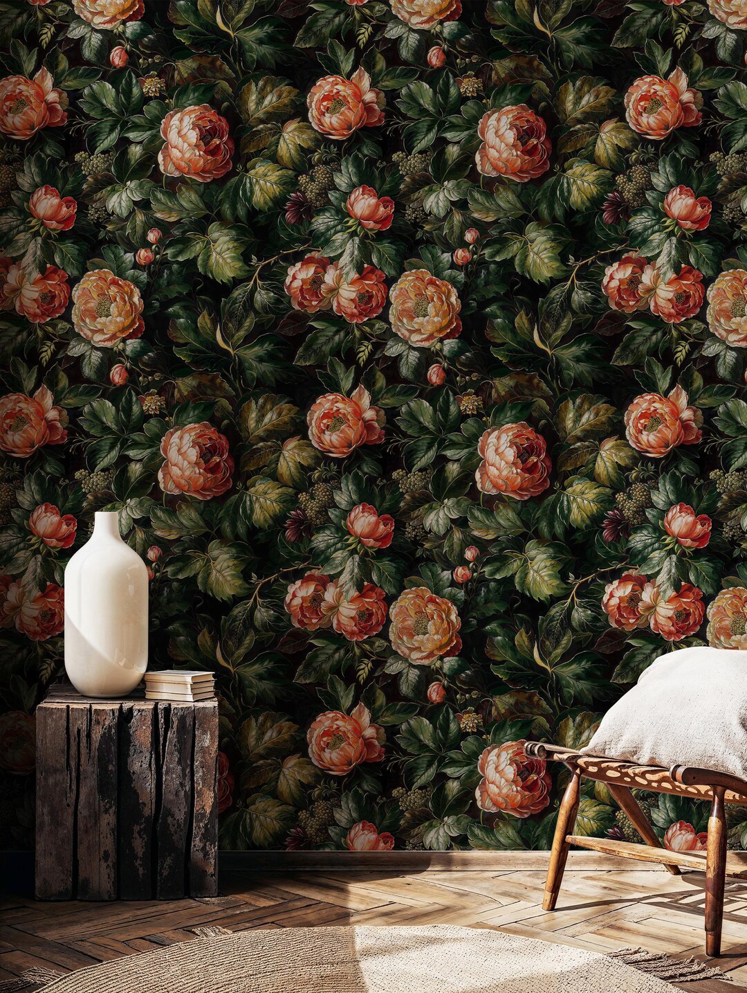 Moody Floral Peel and Stick Wallpaper Mural, Peony Flowers Wall Mural ...