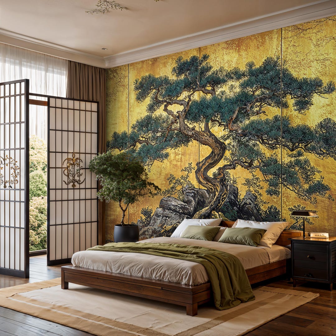 Gold Pine Tree Wallpaper: Asian Inspired Peel and Stick Wall Mural - Etsy