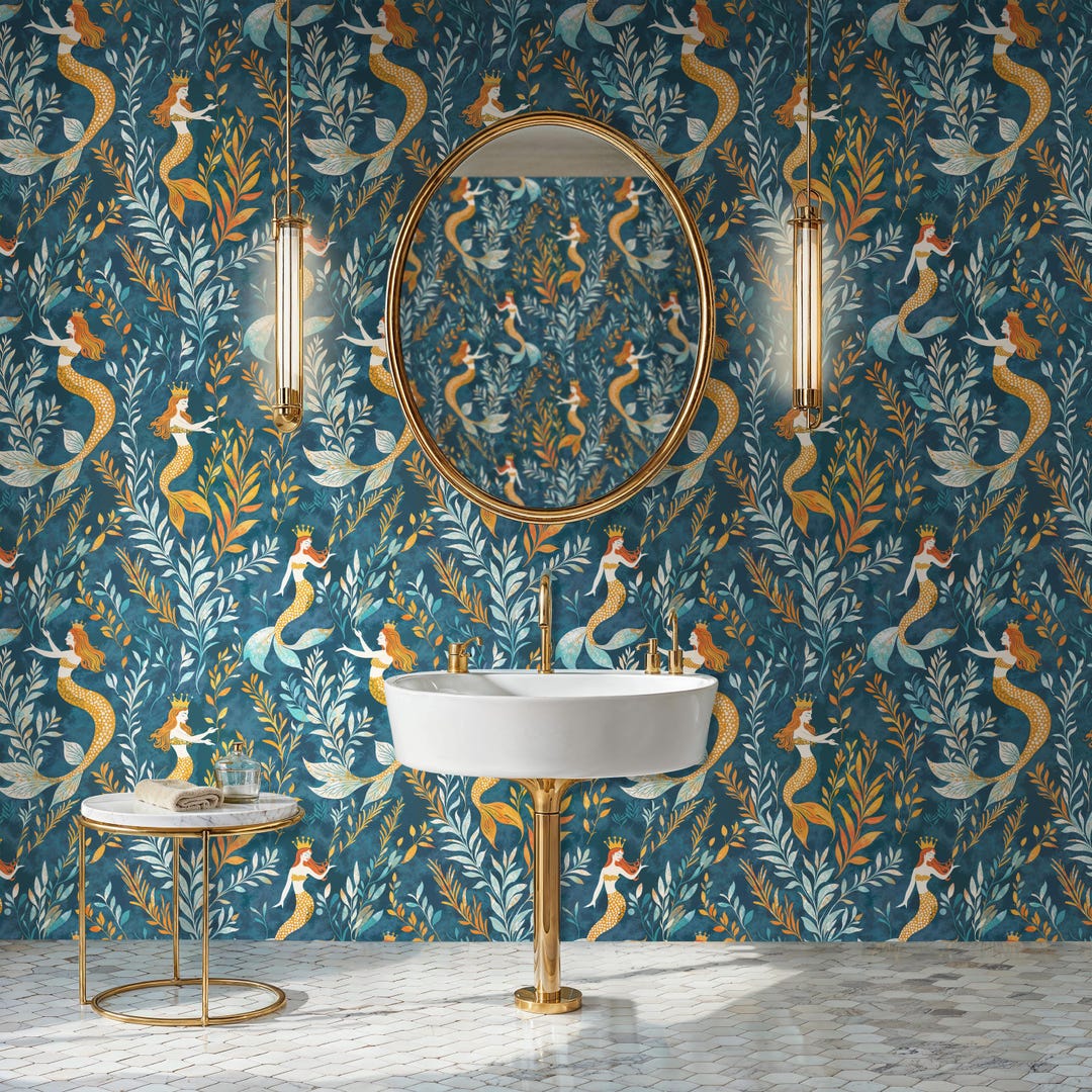 Crowned Mermaid Mural: Teal Underwater Peel and Stick Wallpaper - Etsy