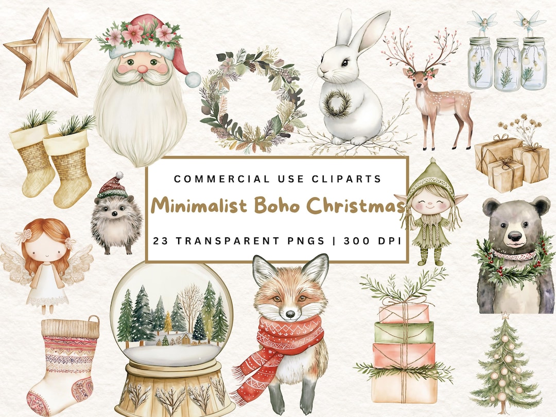 Boho Christmas Clipart Watercolor Neutral Christmas Cozy Boho Christmas ...