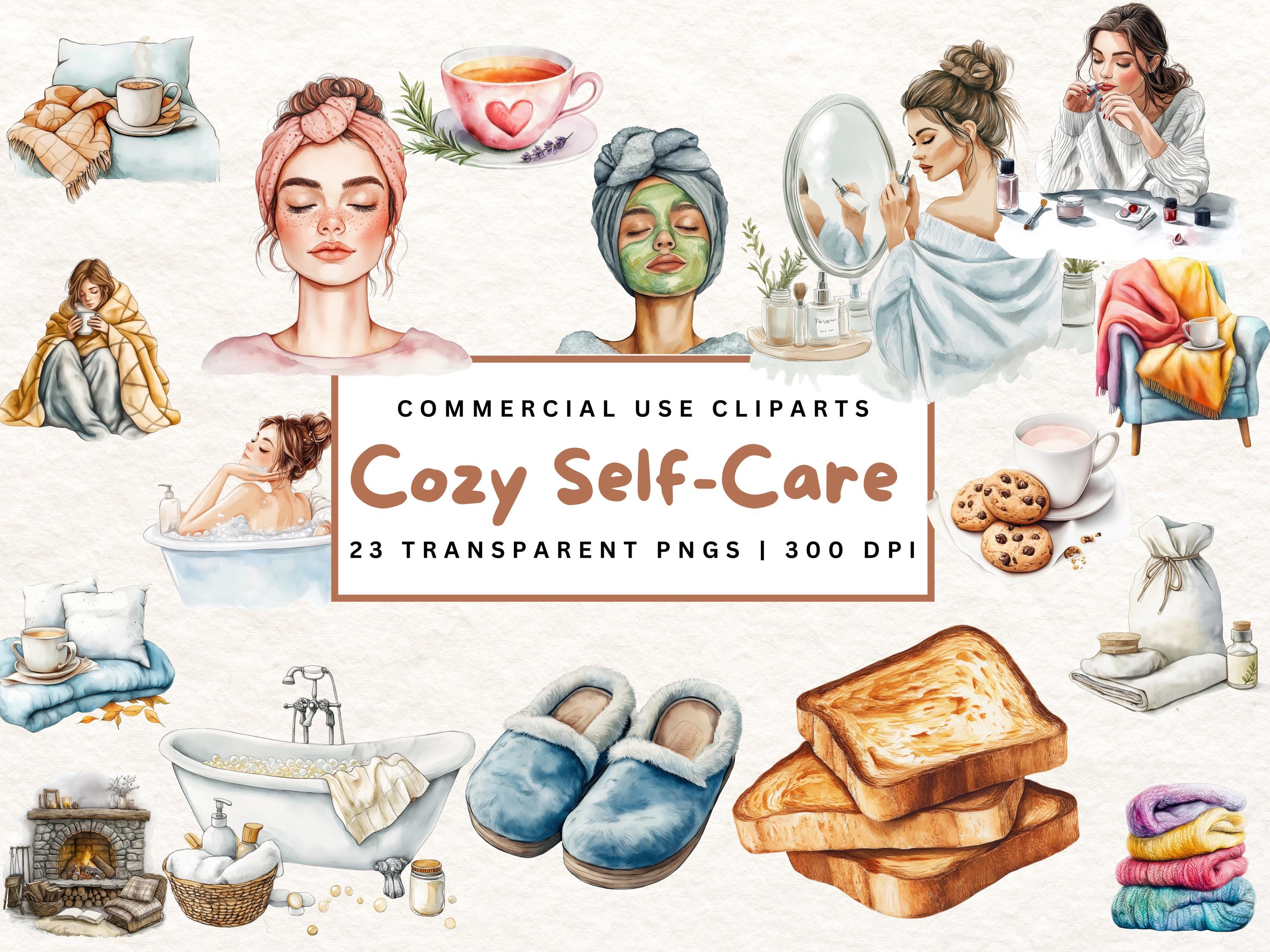 Cozy Self Care Clipart Self Love Wellness Digital Art Spa Day Aesthetic PNG Bundle Watercolor ...