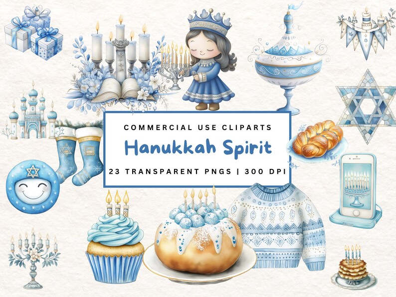 Watercolor Hanukkah Clipart PNG Menorah Dreidel Illustrations Hanukkah ...