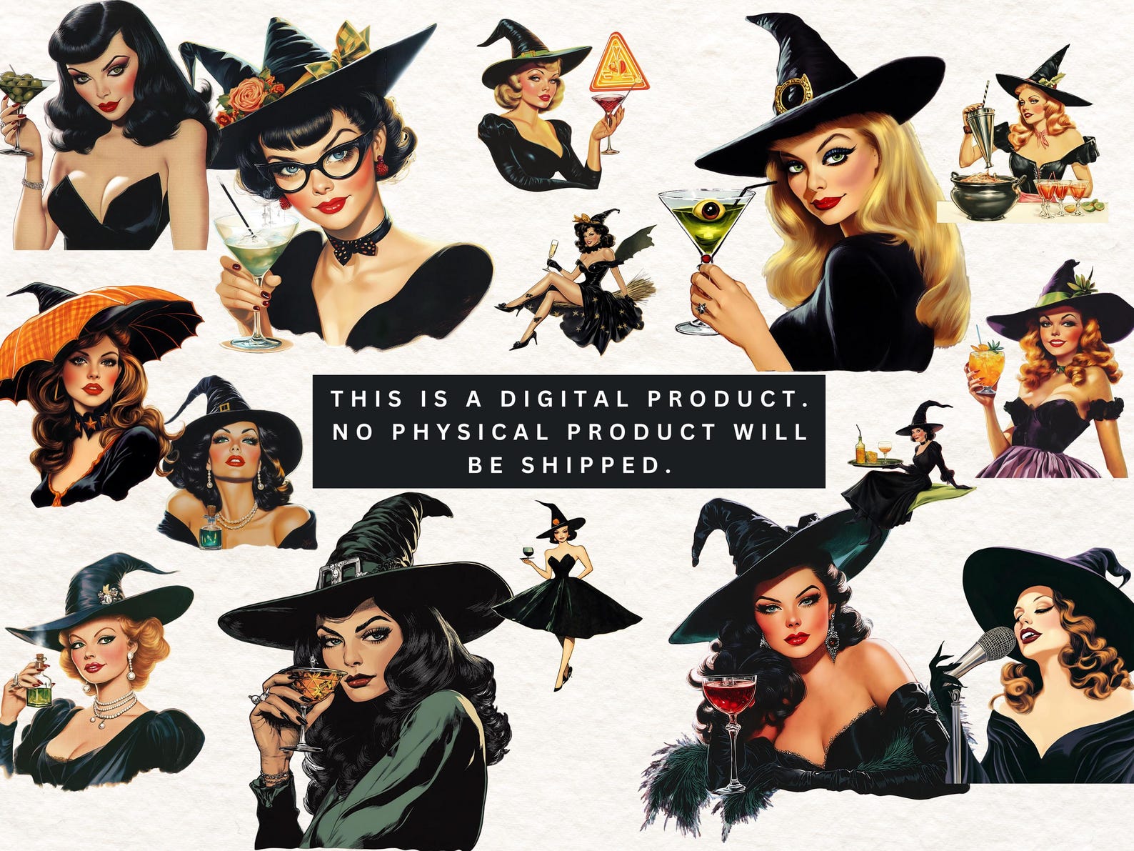 Retro Witch Glam Clipart PNG Bundle '50s Witch Watercolor Clipart ...