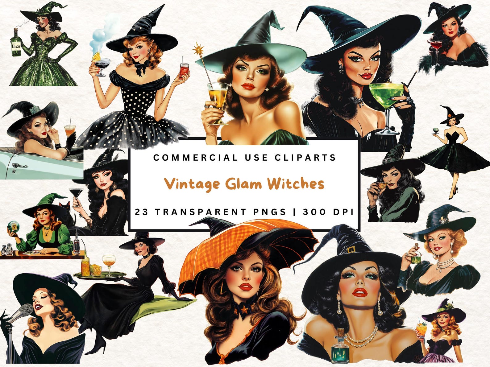 Retro Witch Glam Clipart PNG Bundle '50s Witch Watercolor Clipart ...