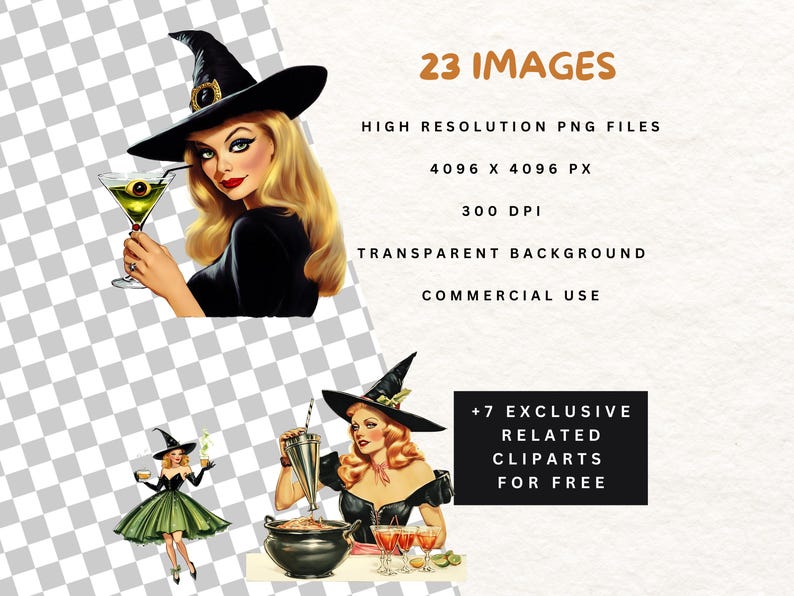 Retro Witch Glam Clipart PNG Bundle '50s Witch Watercolor Clipart ...