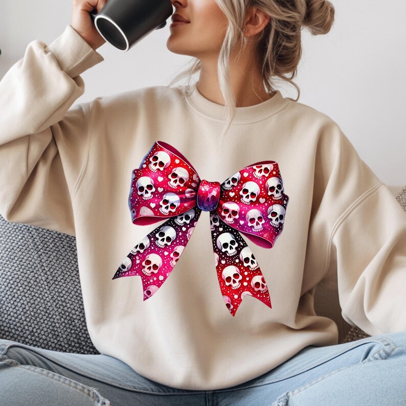 Pink and Red Gothic Bow With Skulls DTF Transfer, Pastel Goth Coquette ...