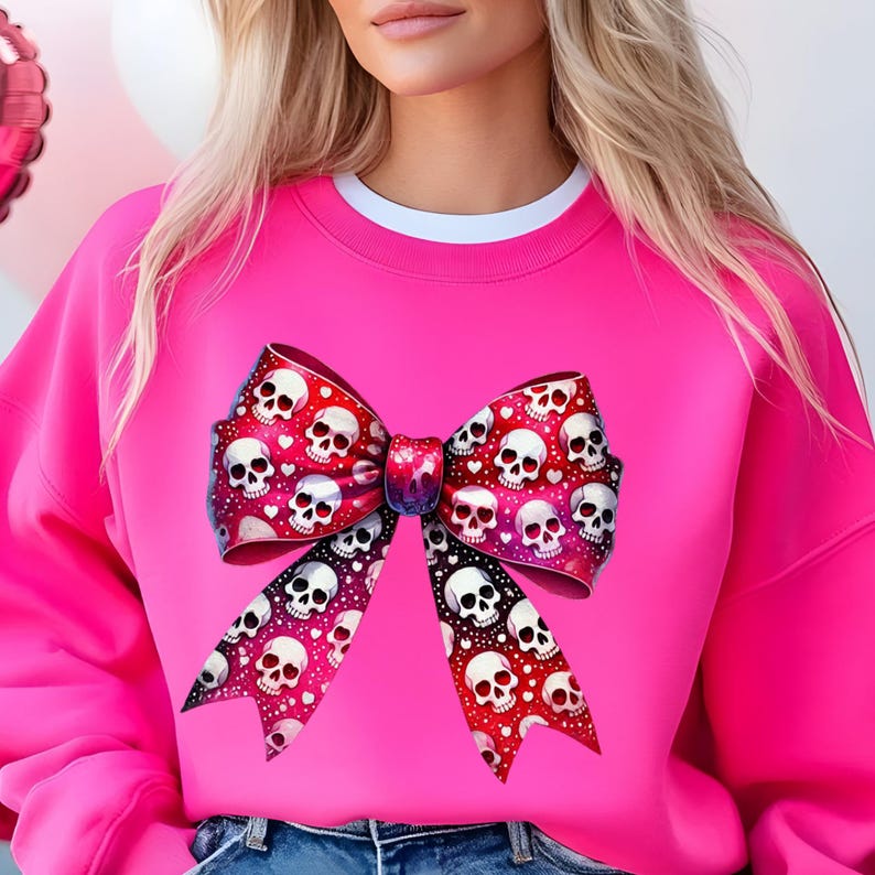 Pink and Red Gothic Bow With Skulls DTF Transfer, Pastel Goth Coquette ...