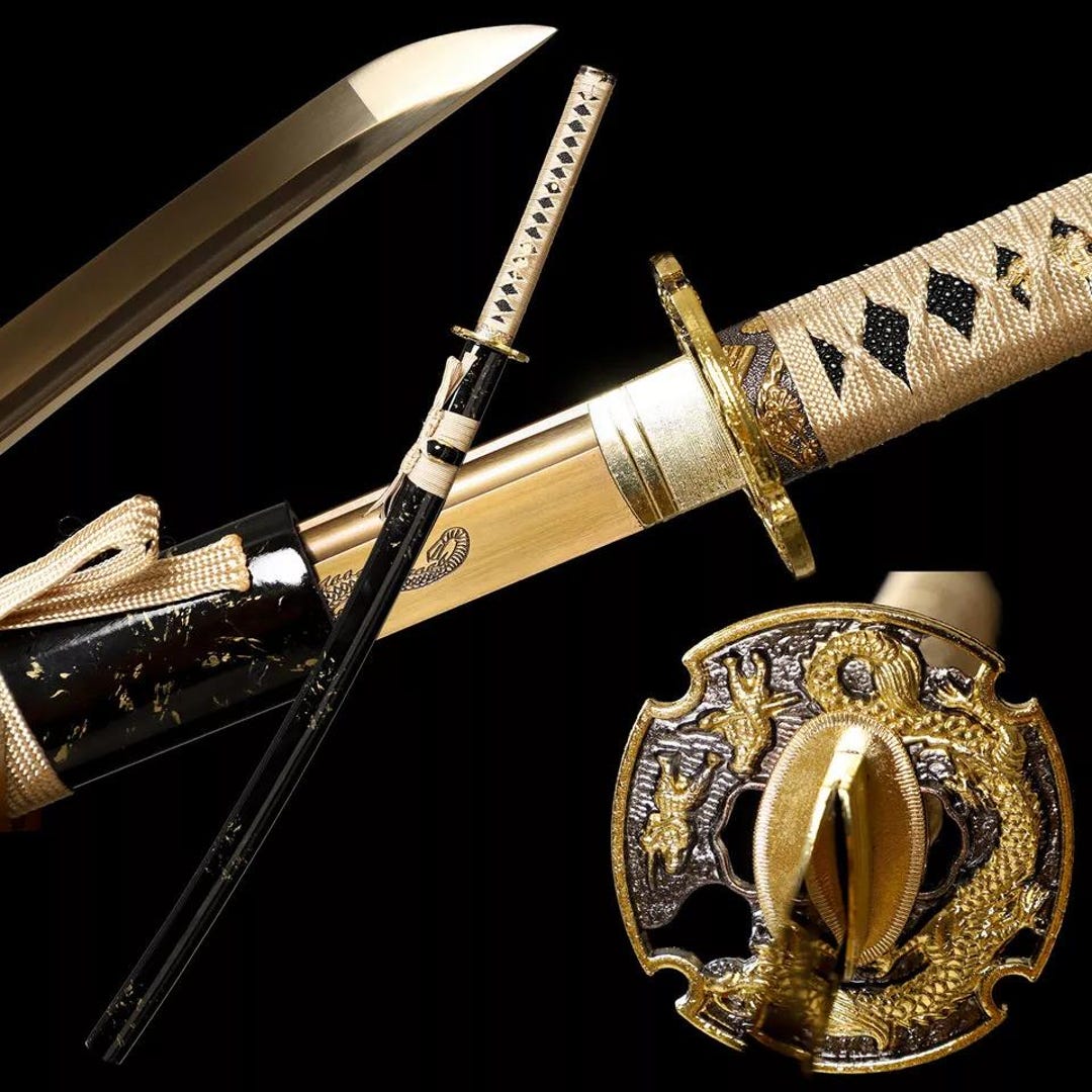 HANDMADE GOLDEN KATANA Japanese Samurai Sword 1095 Steel Clay Tempered ...