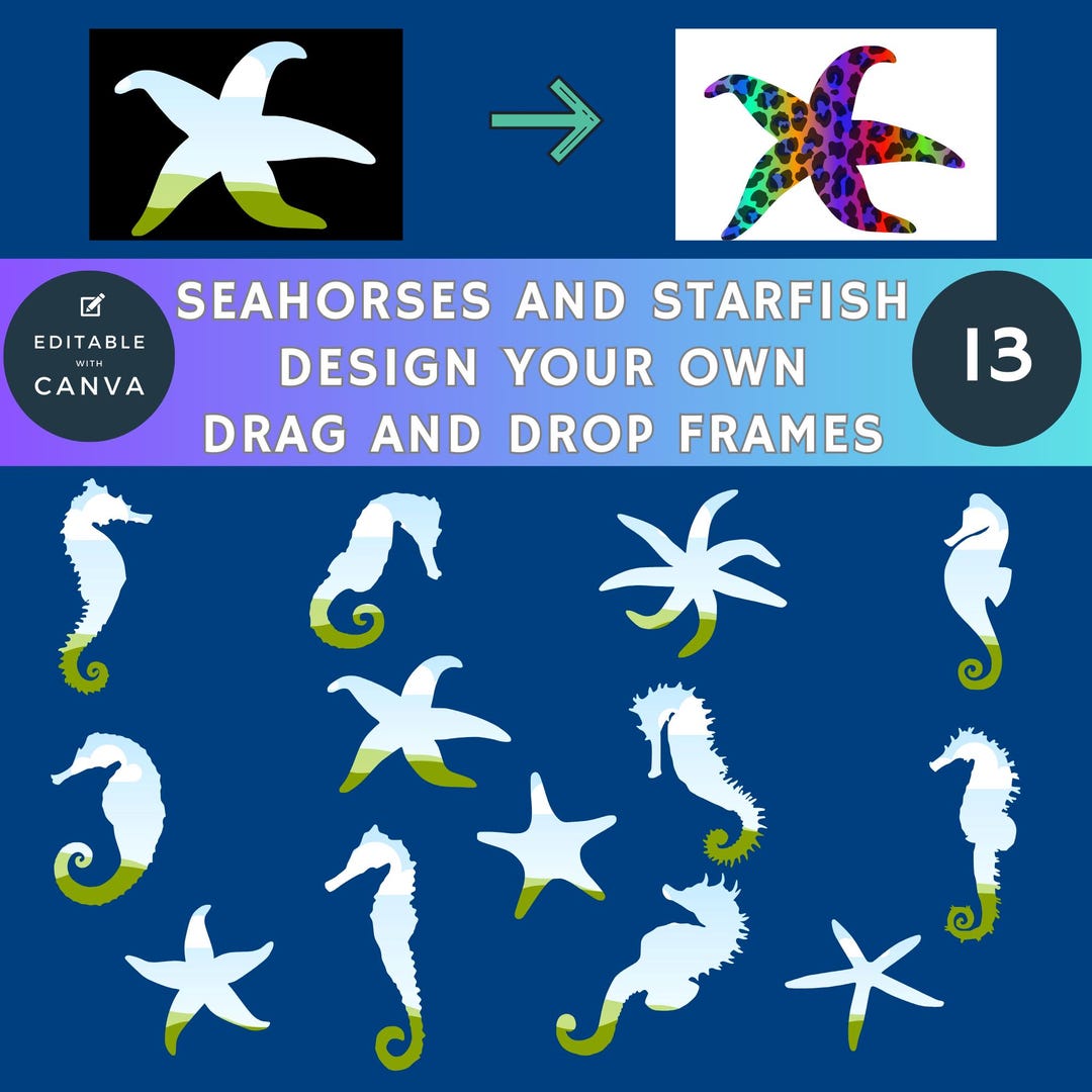 CANVA FRAMES Bundle of Cute Seahorses and Starfish Underwater ...