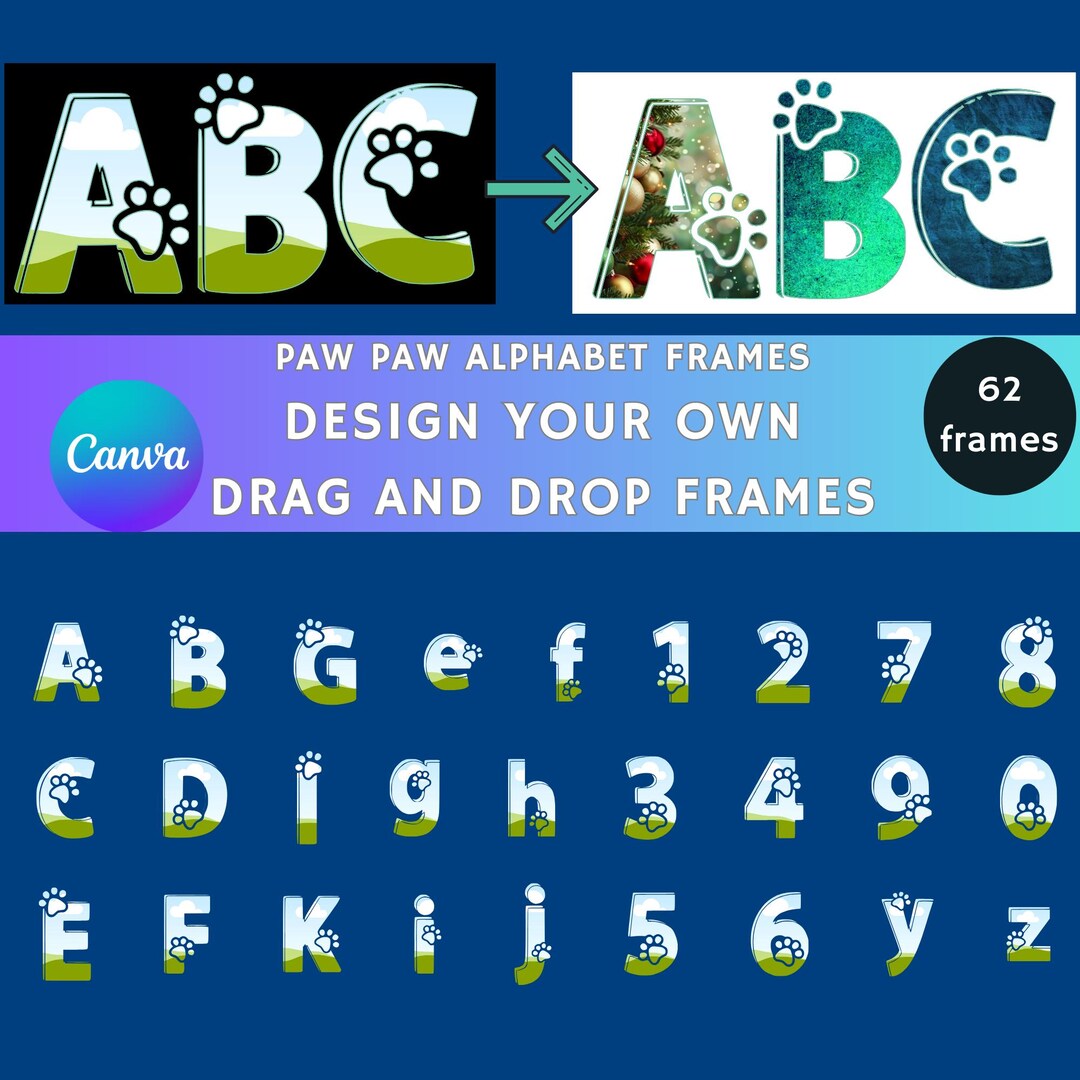 CANVA FRAMES BUNDLE 62 Doggie Alphabet, Letters and Numbers, Easy Drag ...