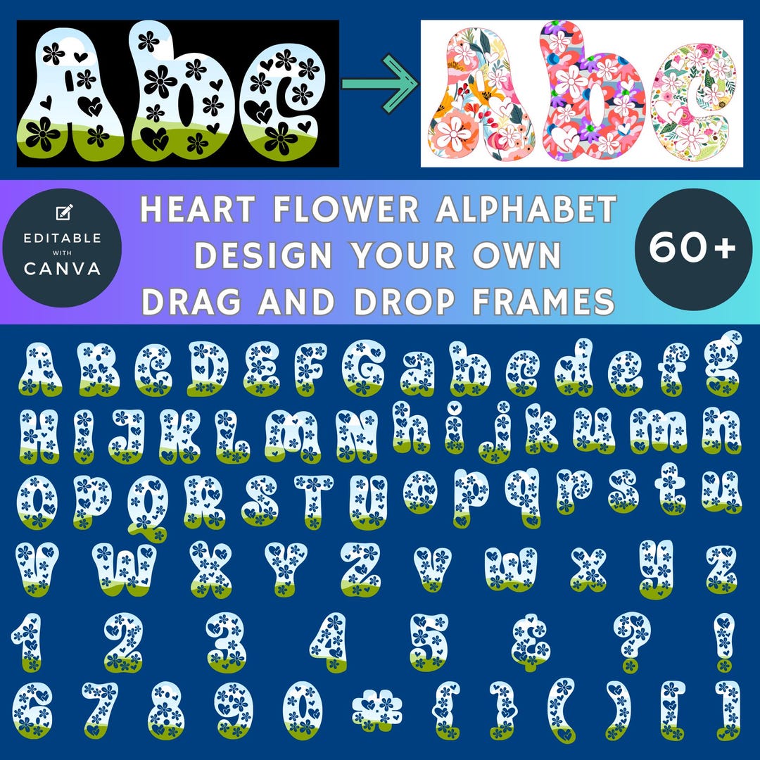 CANVA FRAMES Bundle of HEART and Flower Alphabet Designs, Upper ...