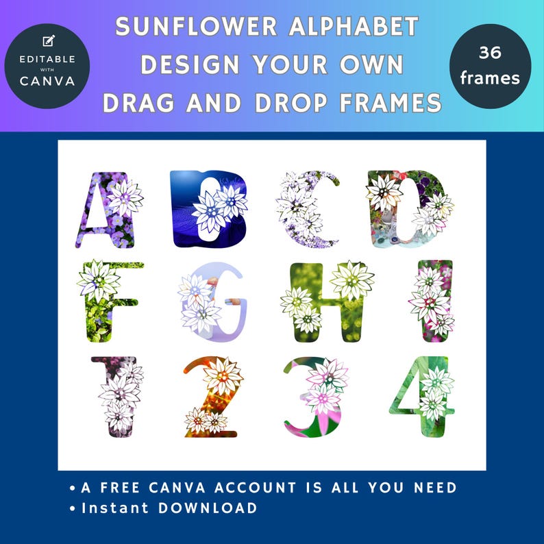CANVA FRAMES ALPHABET Sunflower Floral Designs, Upper Case, Easy Drag ...