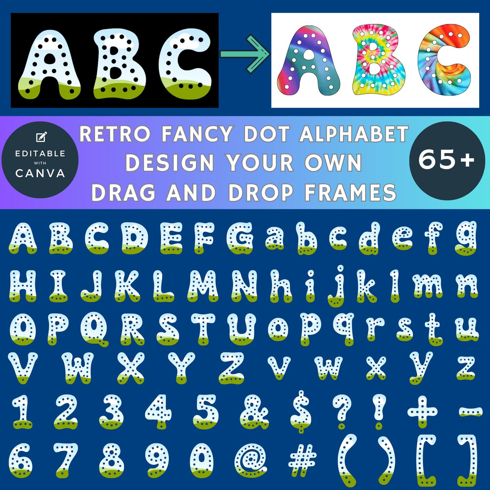 CANVA FRAMES Bundle of Retro Fancy Dot ALPHABET Designs, Upper, Lower ...