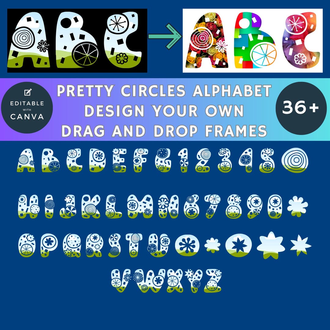 CANVA FRAMES ALPHABET Pretty Circle Designs, Upper Case+numbers, Retro ...