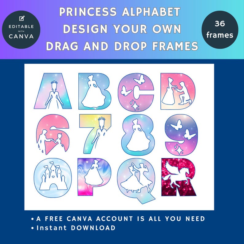 CANVA FRAMES Bundle of Princess and Prince ALPHABET Fairy Tale, Upper ...