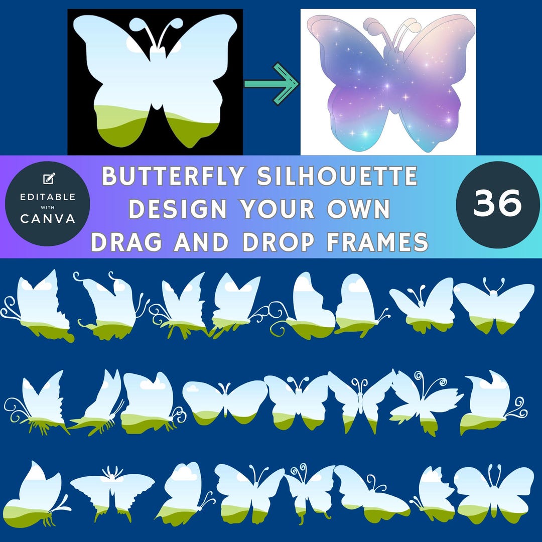 CANVA FRAMES Bundle of 36 Beautiful Butterfly Designs, Easy Drag + Drop ...