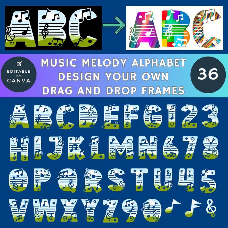 CANVA FRAMES Bundle of Music Melody ALPHABET Designs, Upper Case ...