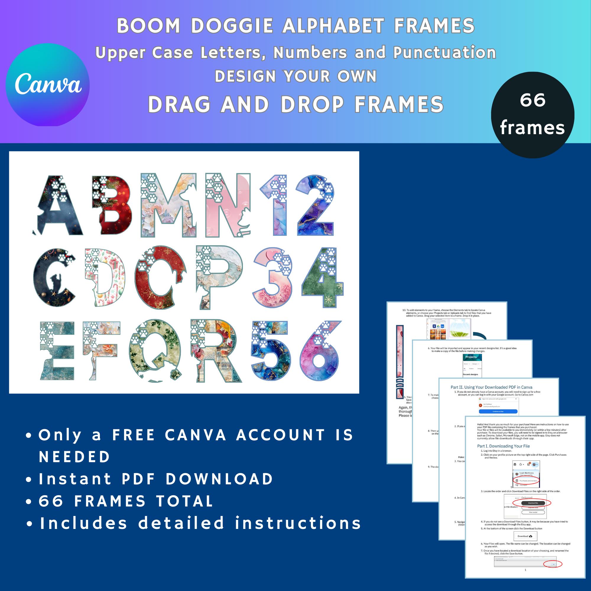 CANVA FRAMES BUNDLE 66 Doggie Alphabet, Letters Numbers and Punc., Easy ...
