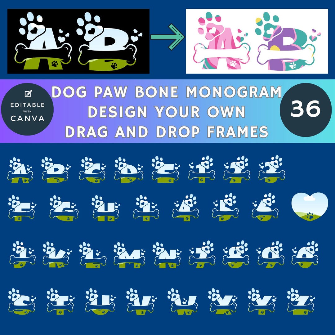 CANVA FRAMES Bundle of DOG Paw and Bone Monogram Designs, Upper ...