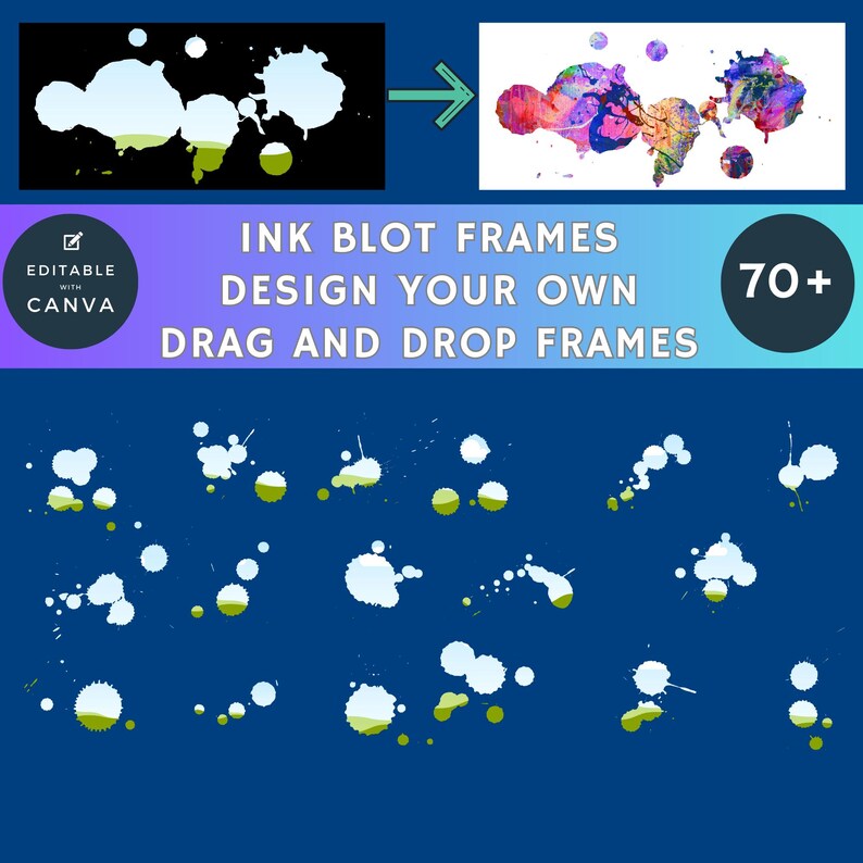 Editable in CANVA FRAMES Bundle of Over 70 Unique Ink Blot Distressed ...