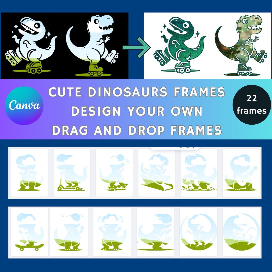 CANVA FRAMES Bundle of 19 Cute Sporty Dinosaur Silhouette Frames, Easy ...