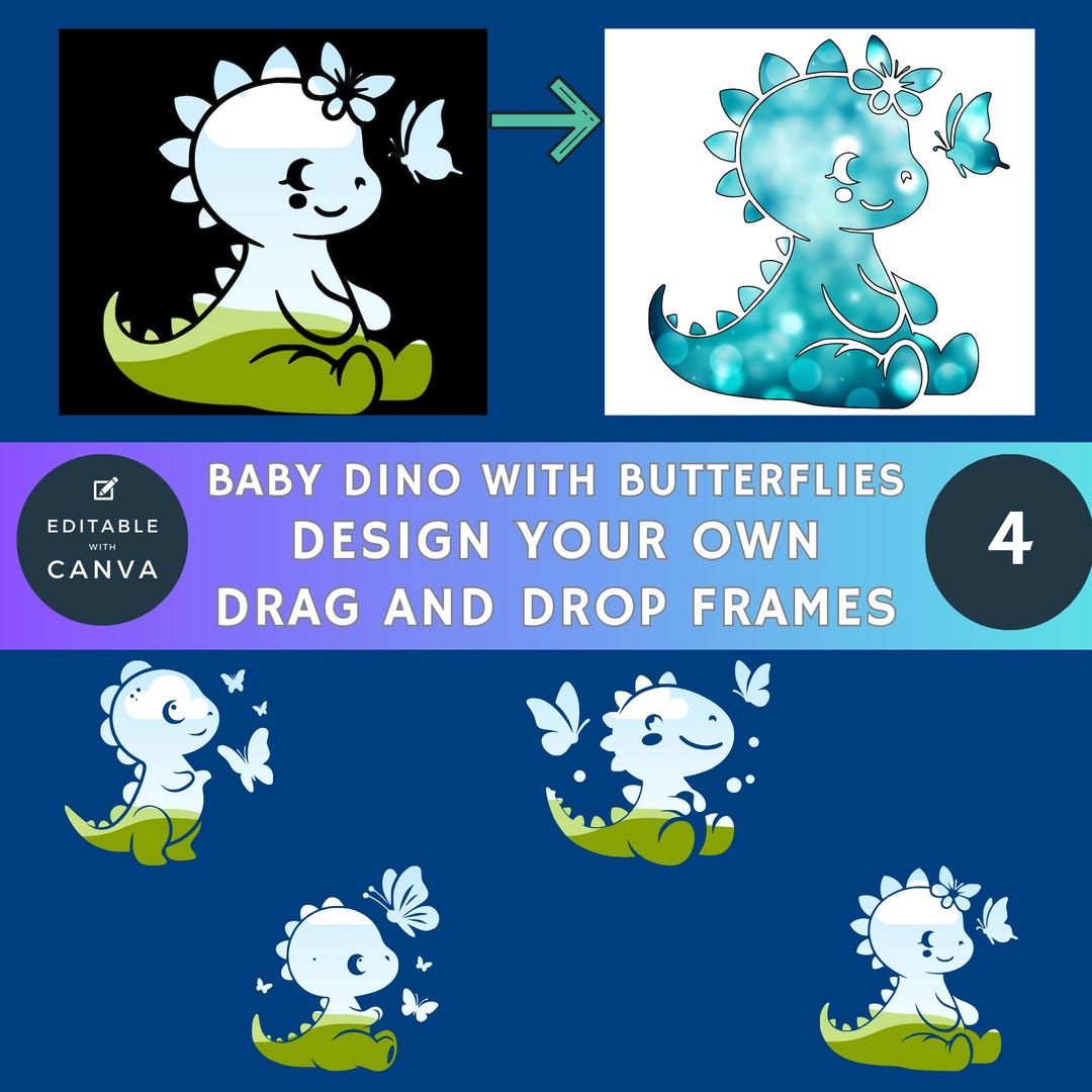 CANVA FRAMES DINOSAUR Cute Babies 4 Designs Dino Baby With Butterflies ...