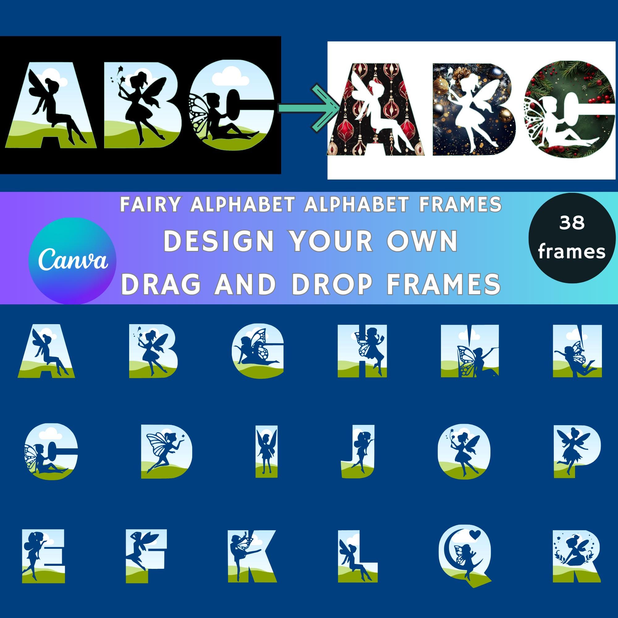 CANVA FRAMES BUNDLE 38 Fairy Alphabet, Upper Case Letters, Numbers ...