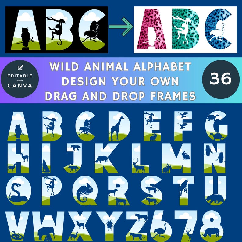 CANVA FRAMES Wild ANIMAL Alphabet Designs, Lions, Snakes, Upper ...
