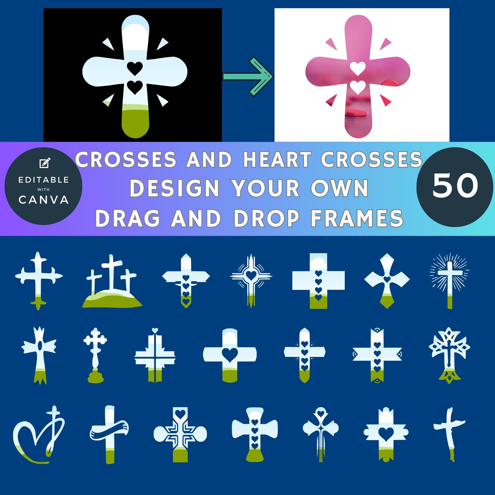 Edit in CANVA FRAMES HUGE Bundle of 50 Cross-shaped Designs, Some With ...