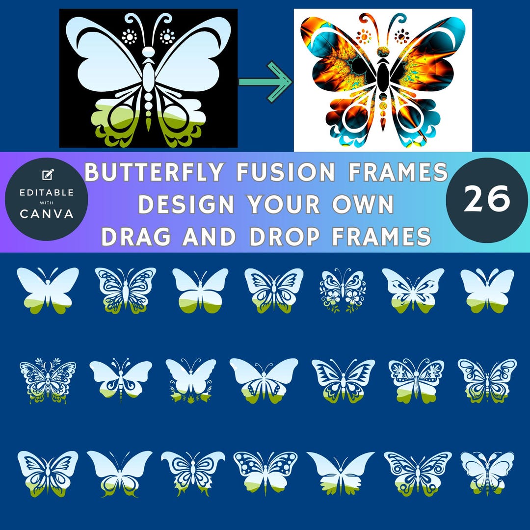 CANVA FRAMES Bundle of 26 Beautiful Butterfly Designs, Easy Drag + Drop ...