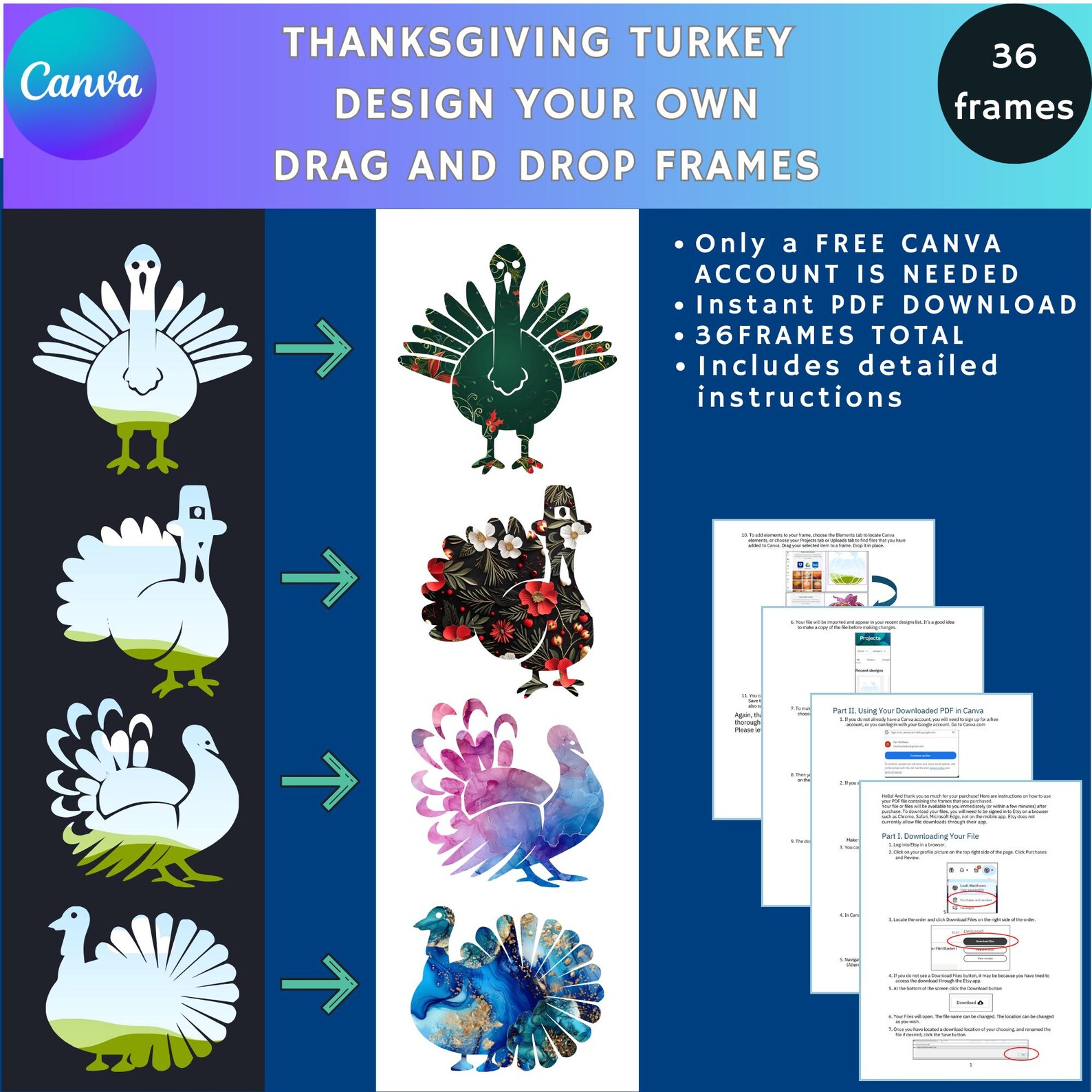 CANVA FRAMES -36, Thanksgiving Bundle 36 Turkeys! Easy Drag + Drop ...
