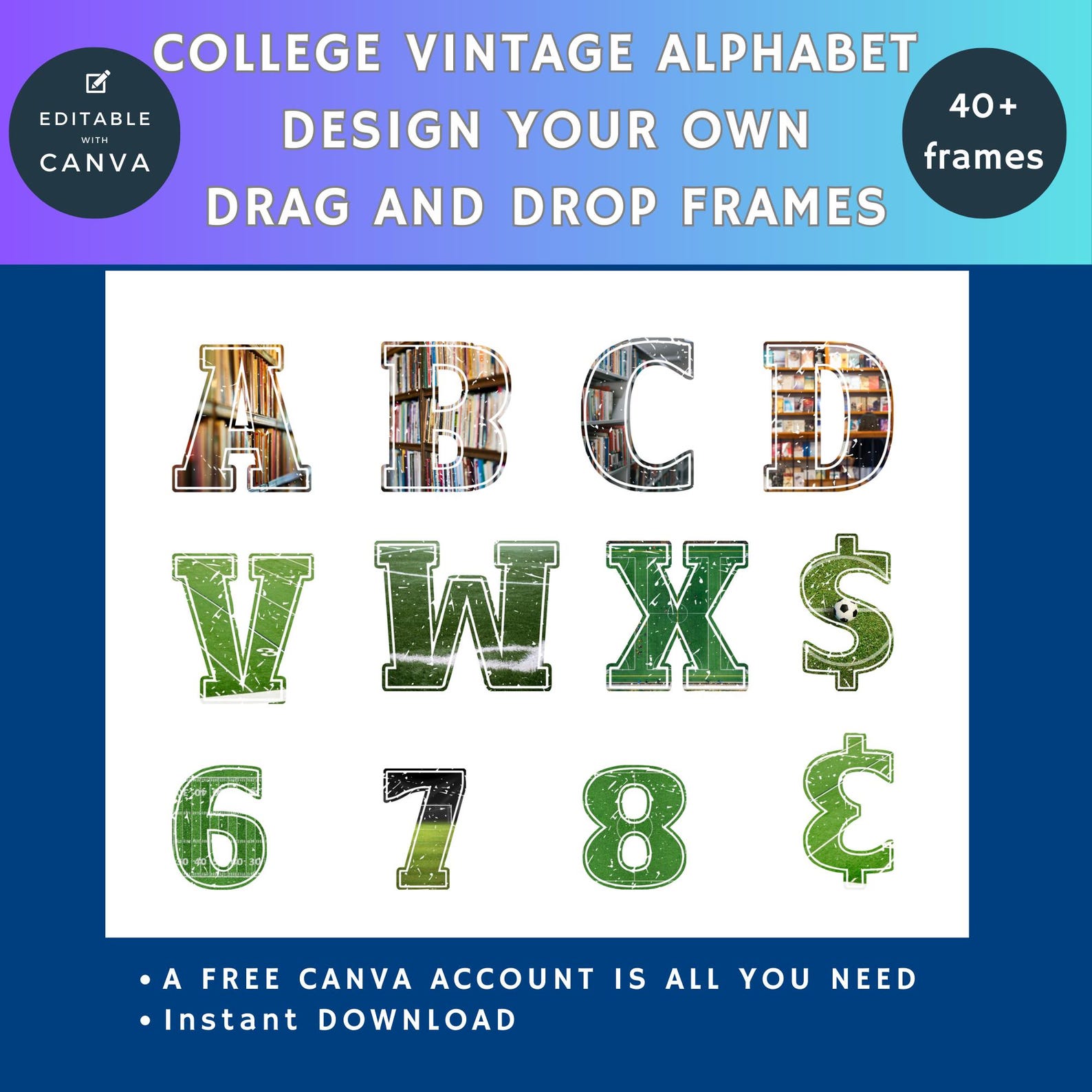 CANVA FRAMES College Vintage ALPHABET Designs, Distressed, Acid-wash ...