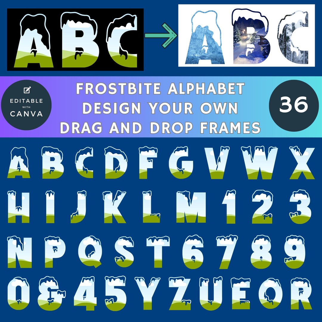 CANVA FRAMES Bundle of Frostbite Snow Alphabet Designs, Upper, Numbers ...