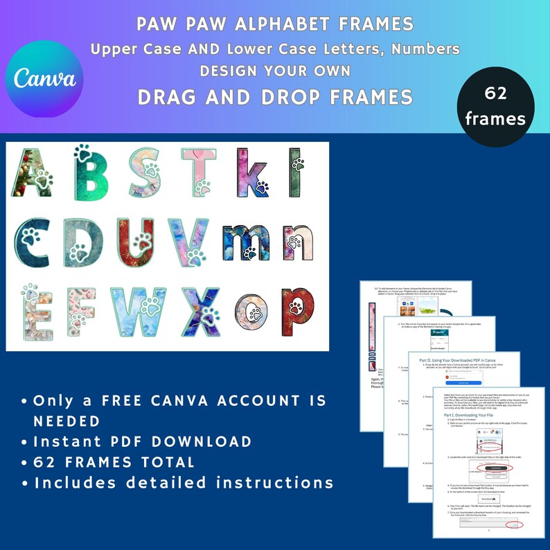 CANVA FRAMES BUNDLE 62 Doggie Alphabet, Letters and Numbers, Easy Drag ...