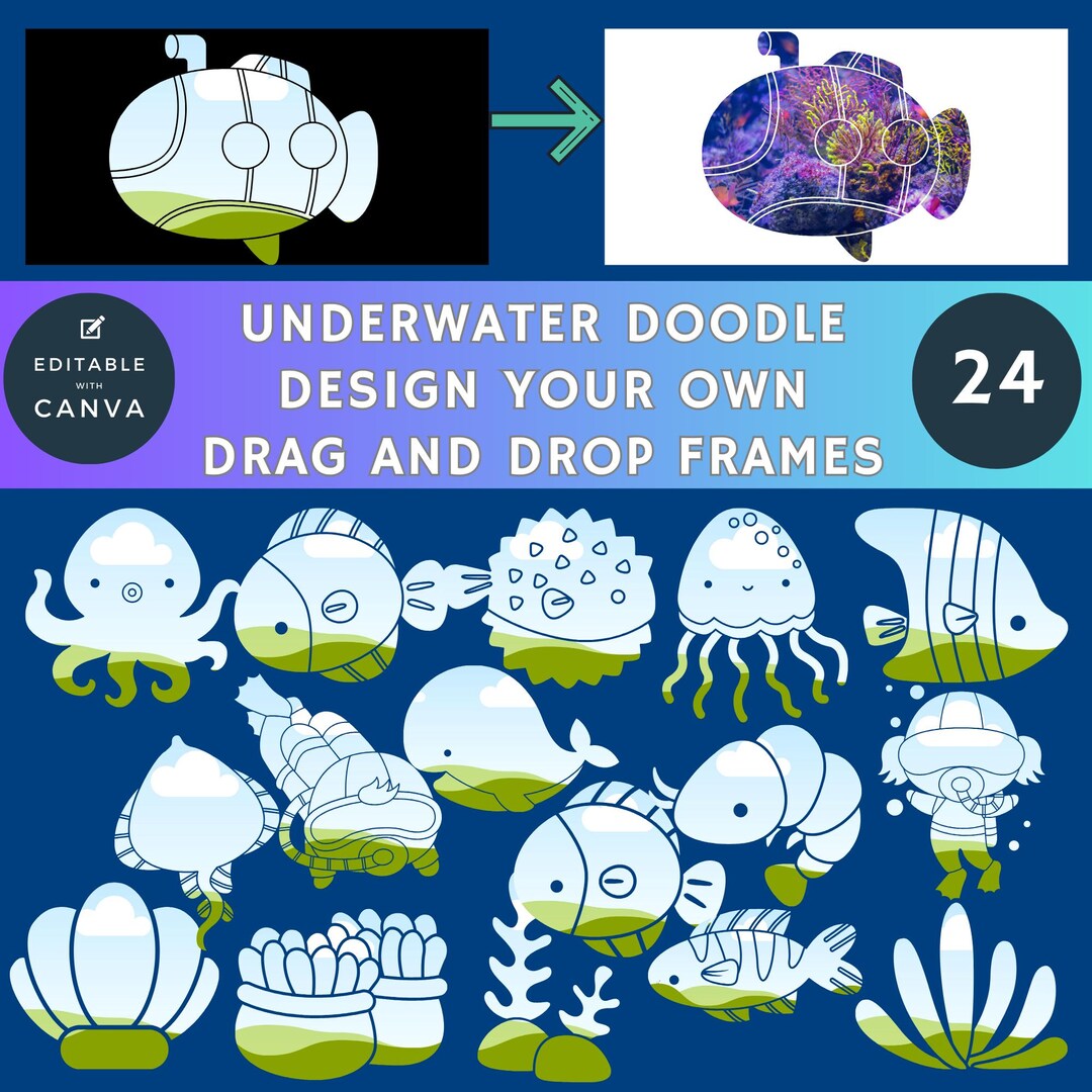 CANVA FRAMES UNDERWATER Doodle 24 Cute Designs, Whale, Fish, Divers ...