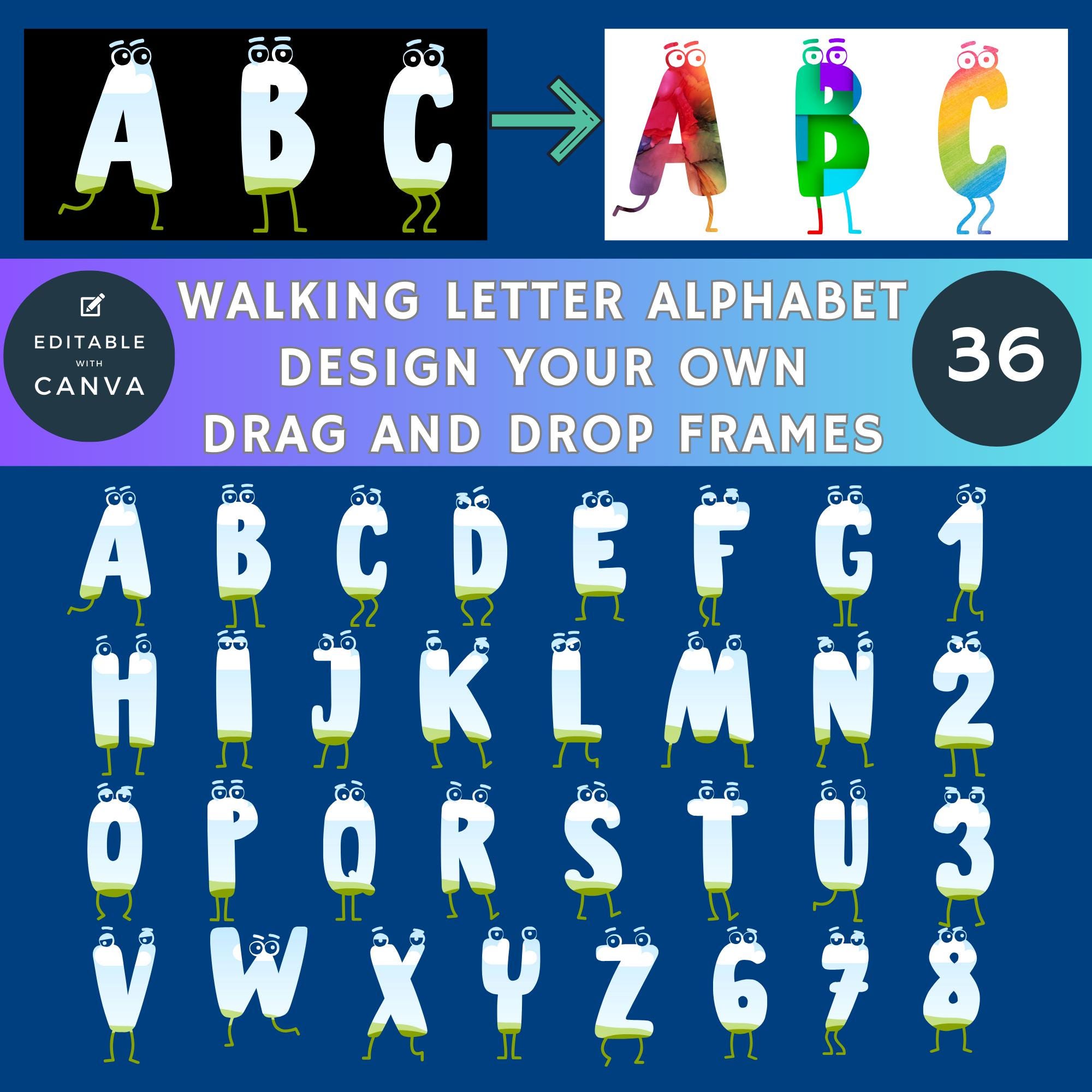 CANVA FRAMES Bundle of Walking Letters ALPHABET Designs, Upper Case ...