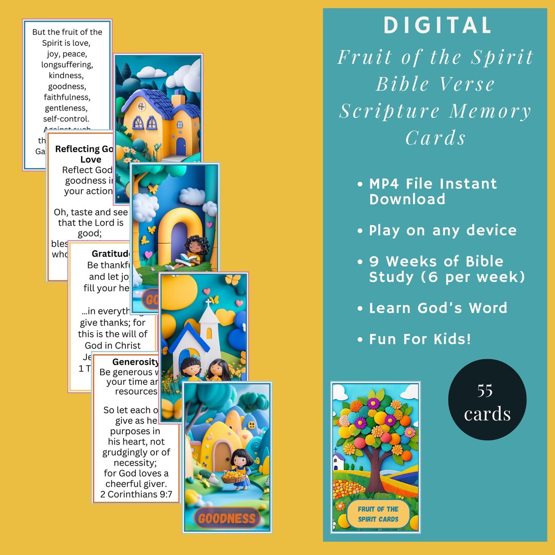 DIGITAL BIBLE MEMORY Cards for Kids- Fruit of the Spirit, 55 Different ...