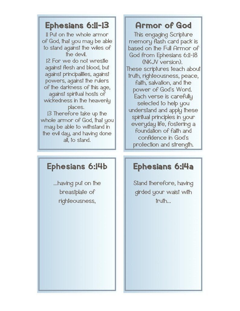 BIBLE VERSE MEMORY Flash Cards, Whole Armor of God Eph. 6 and Related ...