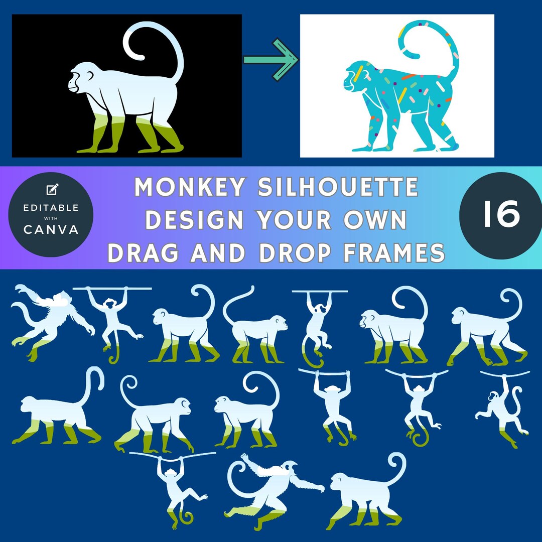 Edit in CANVA FRAMES Bundle of Silly Monkey Silhouette Frames, Barrel ...