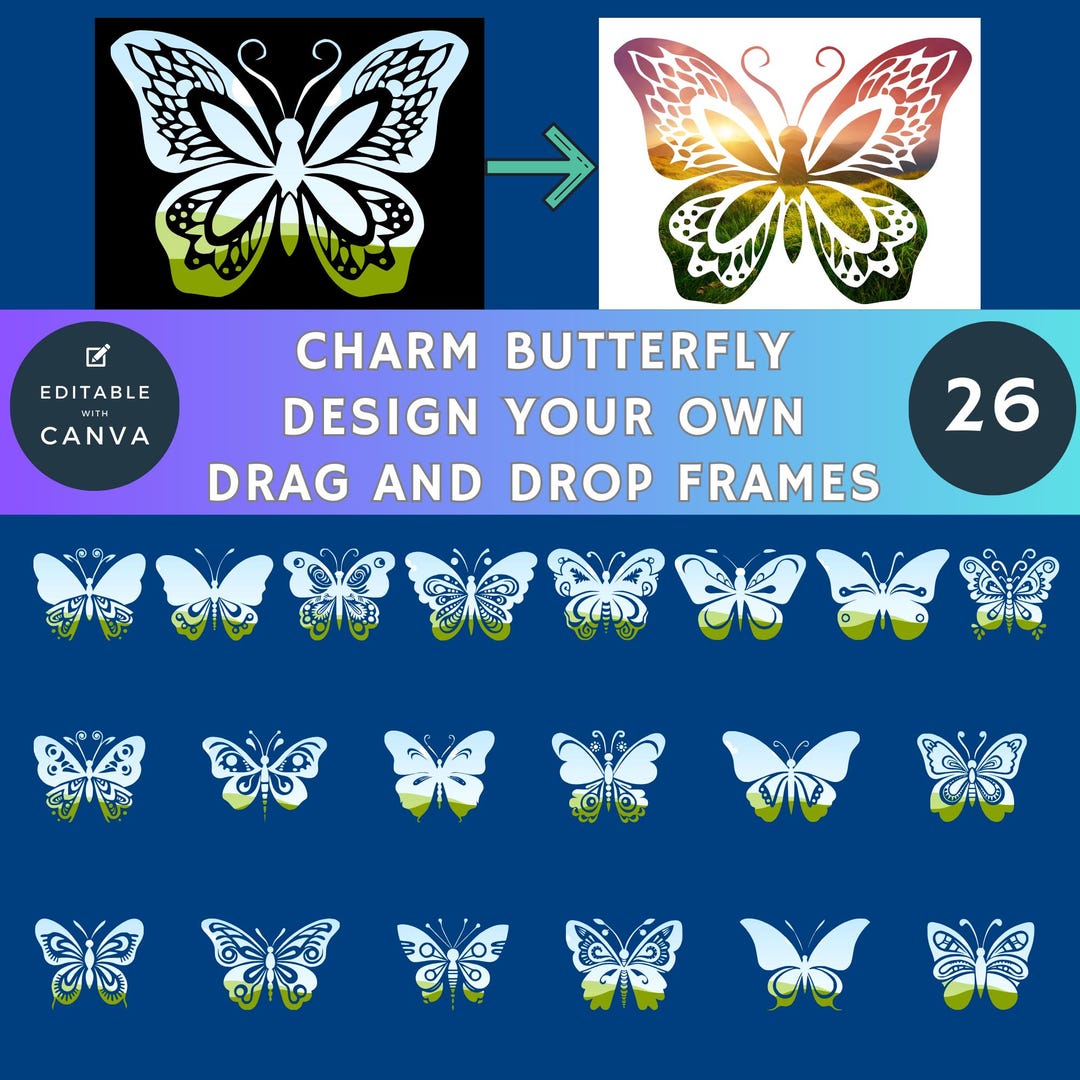 Edit in CANVA FRAMES HUGE Bundle of 26 Charming Butterfly Designs, Easy ...