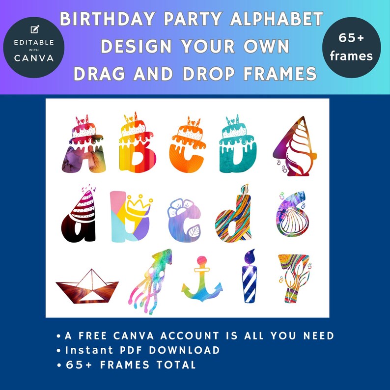 CANVA FRAMES Bundle of Birthday Party ALPHABET Designs, Upper, Numbers ...