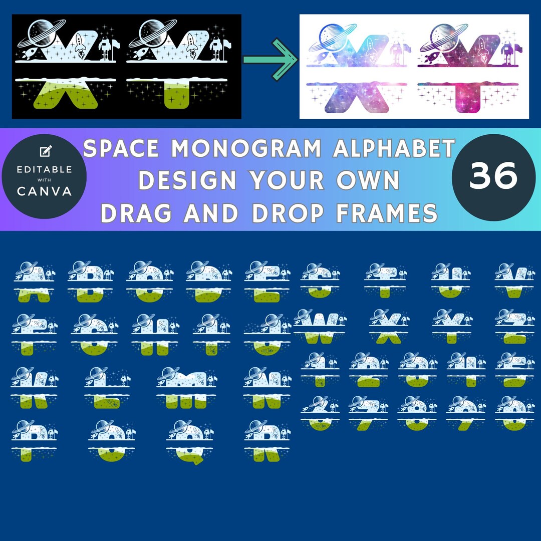 CANVA FRAMES Bundle of Space Monogram ALPHABET Rockets, Moon, Upper ...