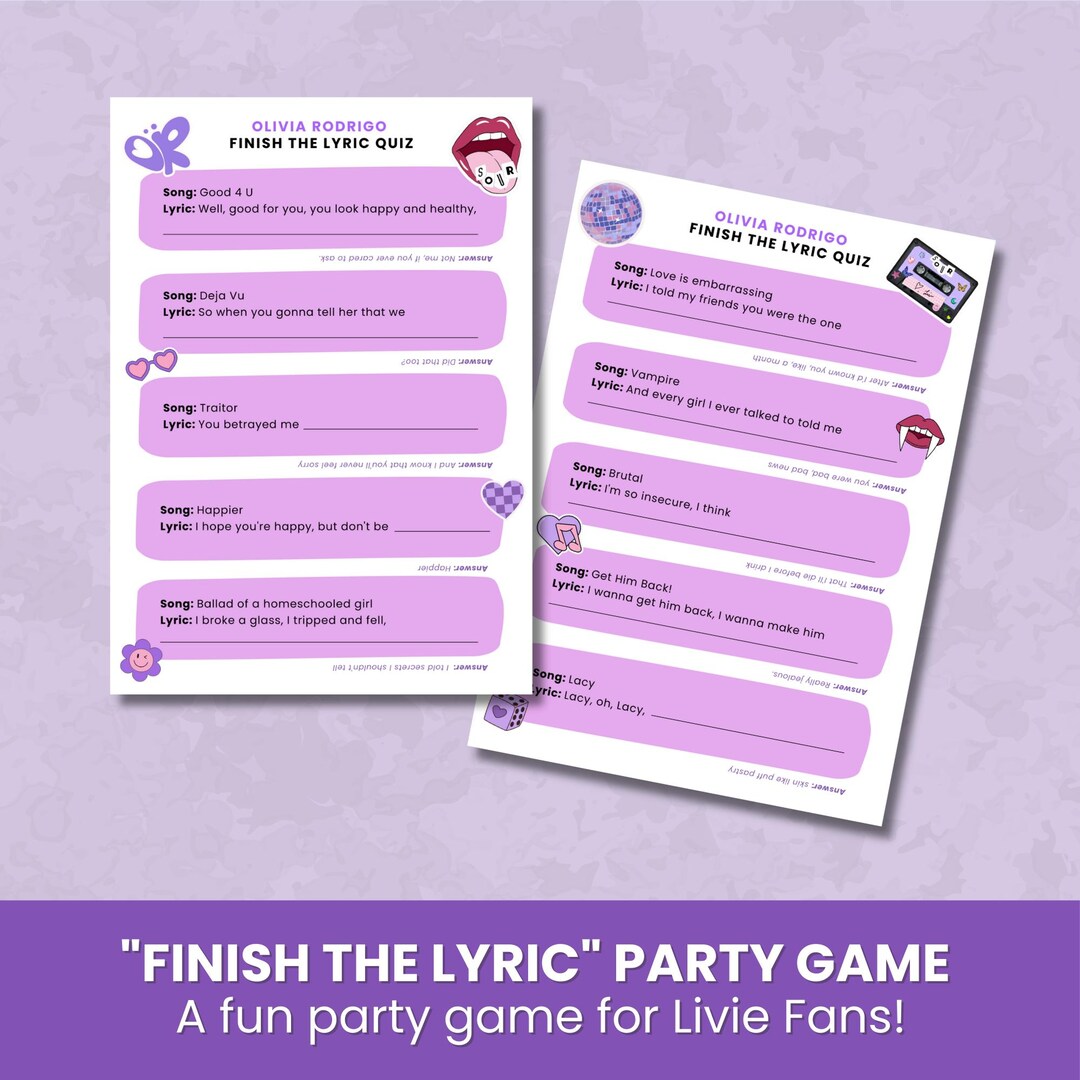 Olivia Rodrigo Party Game - Finish the Lyrics - Printable Game - Sour ...