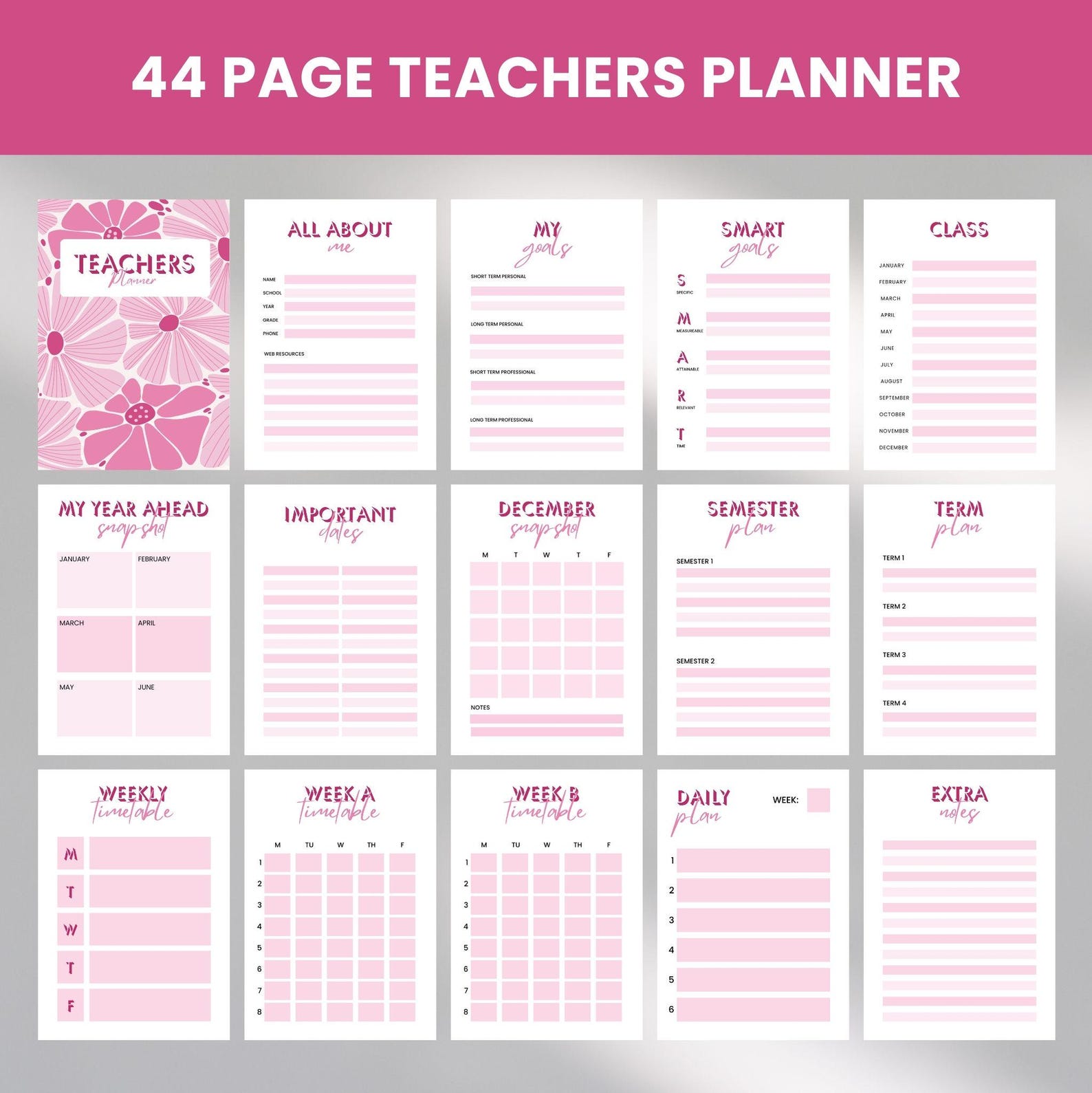Printable & Editable Teacher Planner | Pink Floral Design | Weekly and ...