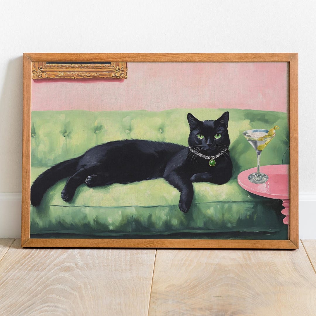 Black Cat With Martini Art Print, Cute Quirky Whimsical, Cocktail Art ...