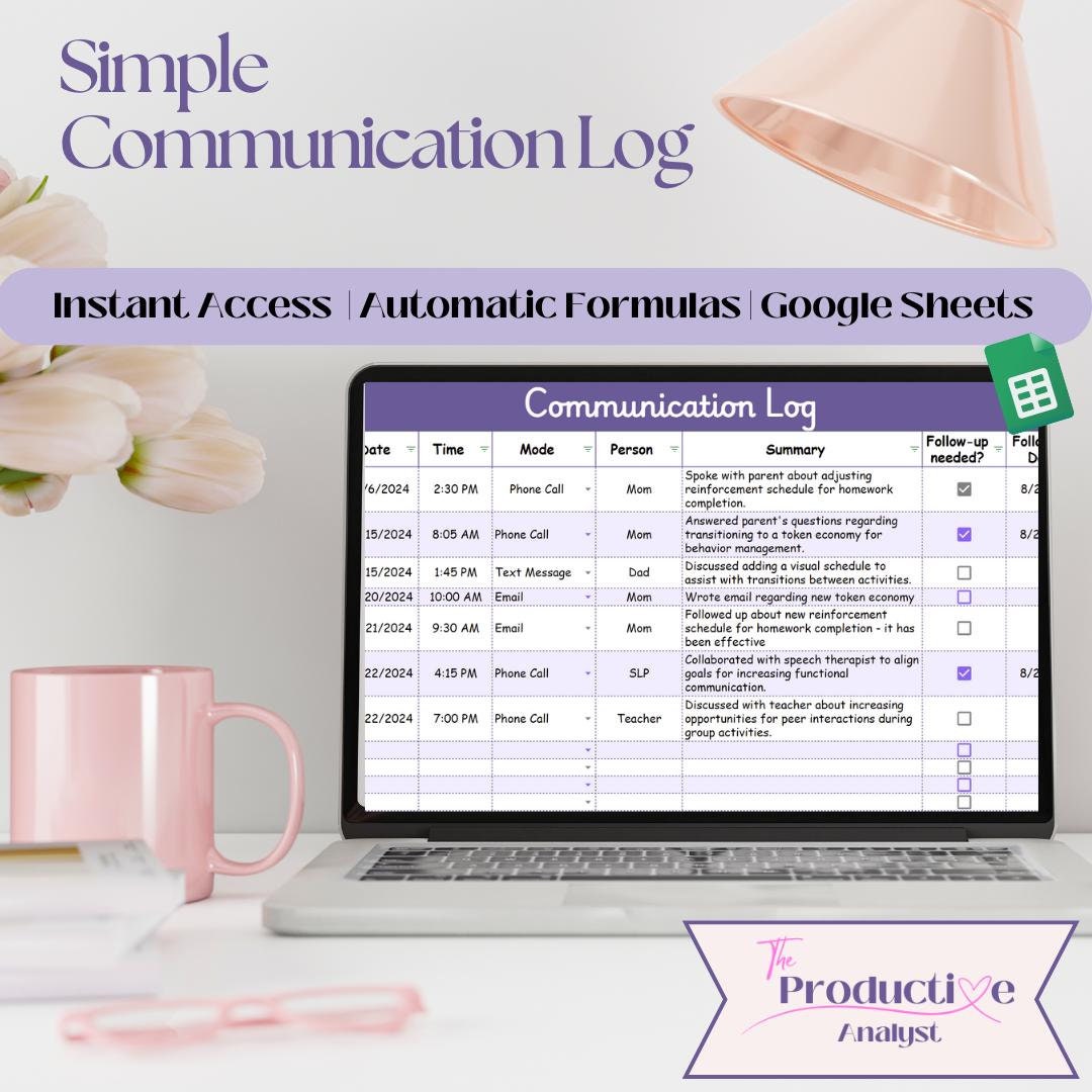 Simple Communication Log for Bcbas | Google Sheets Template for ...
