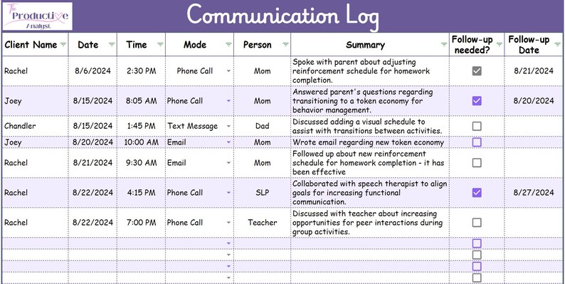 Simple Communication Log for Bcbas | Google Sheets Template for ...