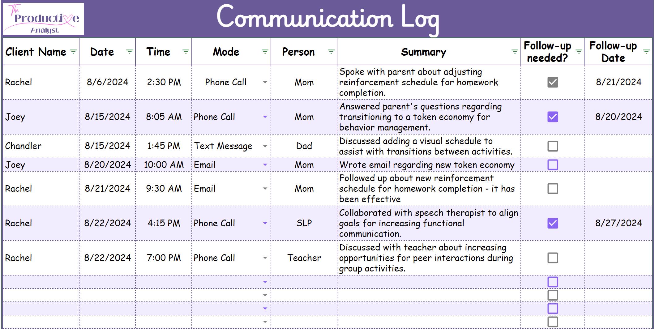 Simple Communication Log for Bcbas | Google Sheets Template for Tracking Client Communication ...
