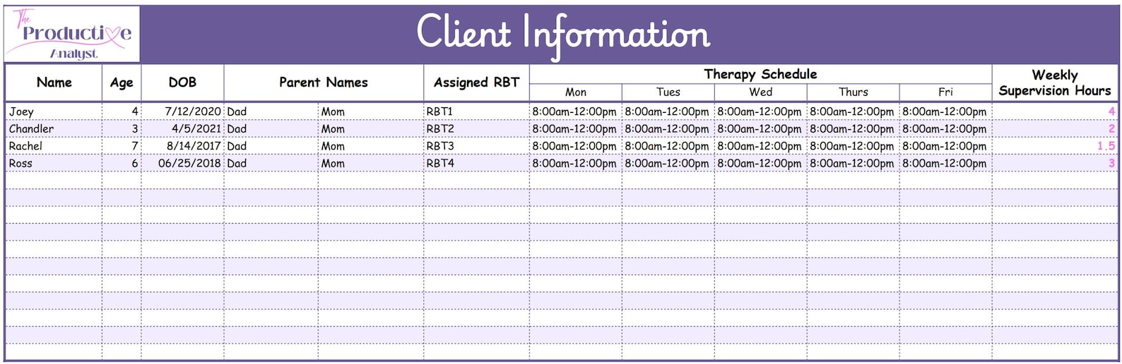 BCBA Caseload/hours Tracker | Google Sheets Template for Client ...